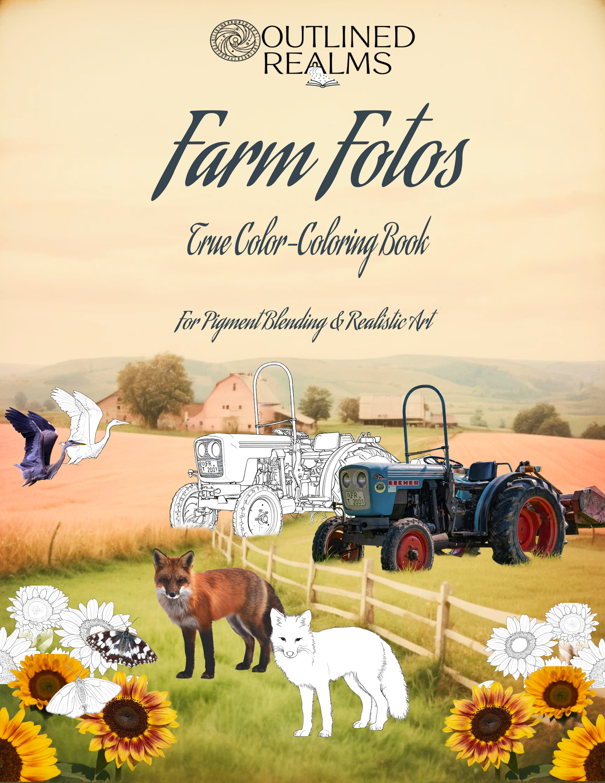 OUTLINED REALMS Farm Fotos: A True-Color Coloring Workbook for Pigment ...